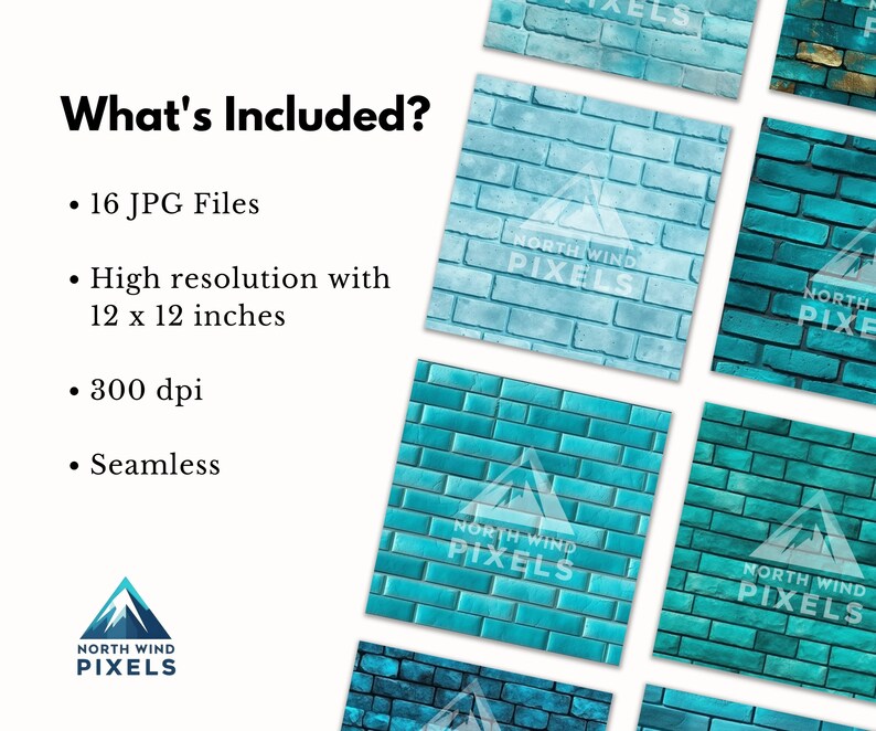 16 Turquoise Brick Digital Papers, Seamless Patterns, 12x12, JPG ...