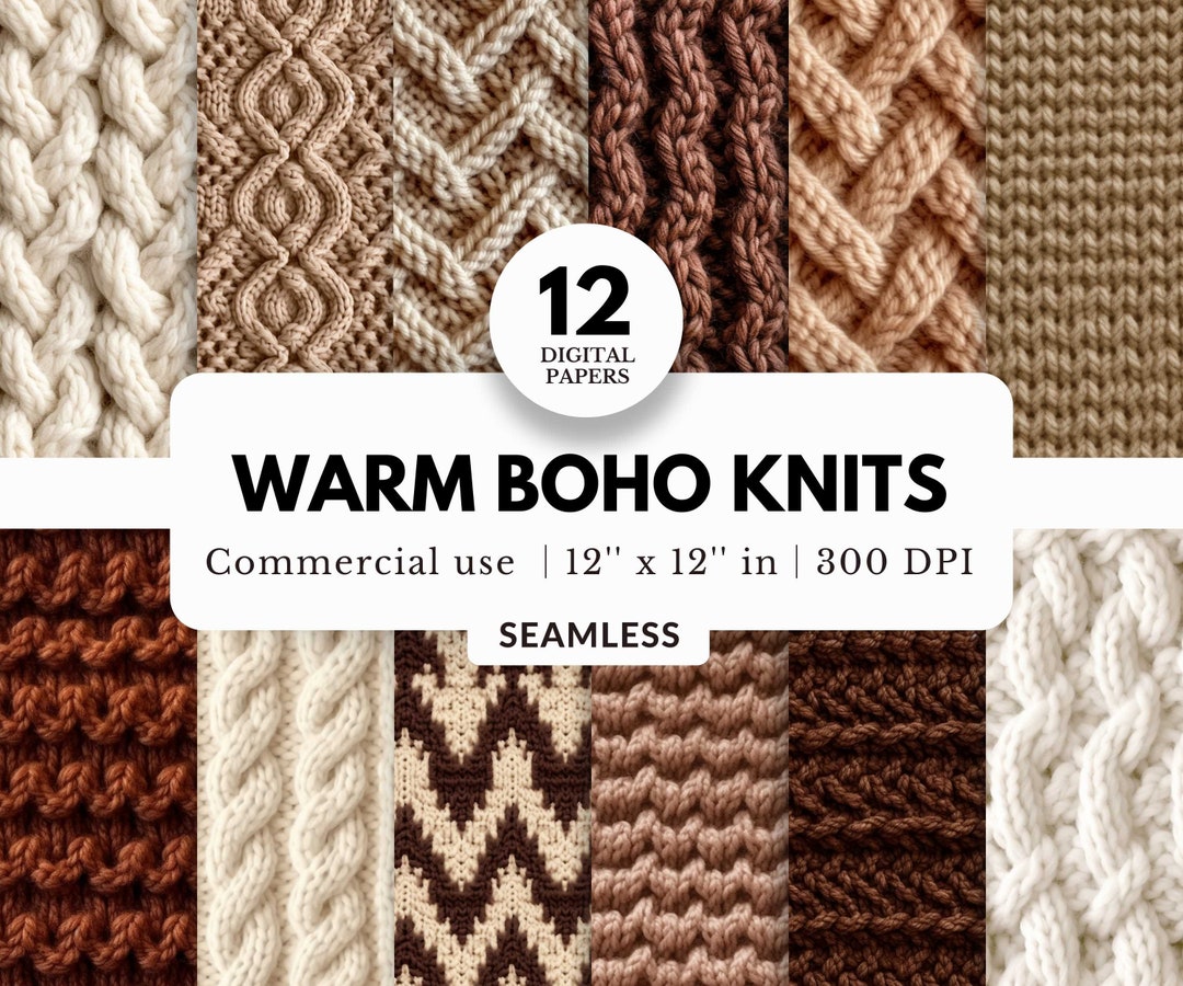 12 Warm Boho Knits Digital Papers, Seamless Knitted Textures, 12x12 ...