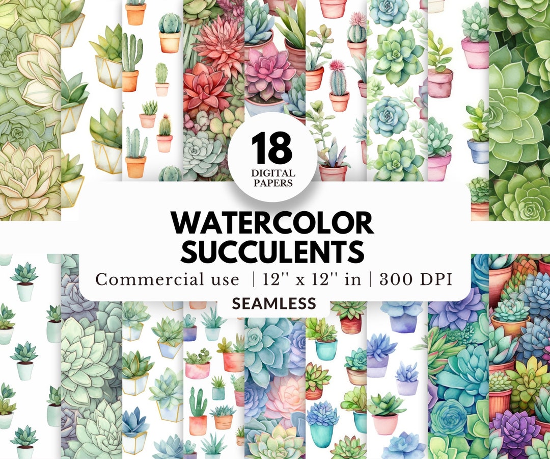 18 Watercolor Succulents Digital Papers, Seamless Pattern, 12x12, JPG ...