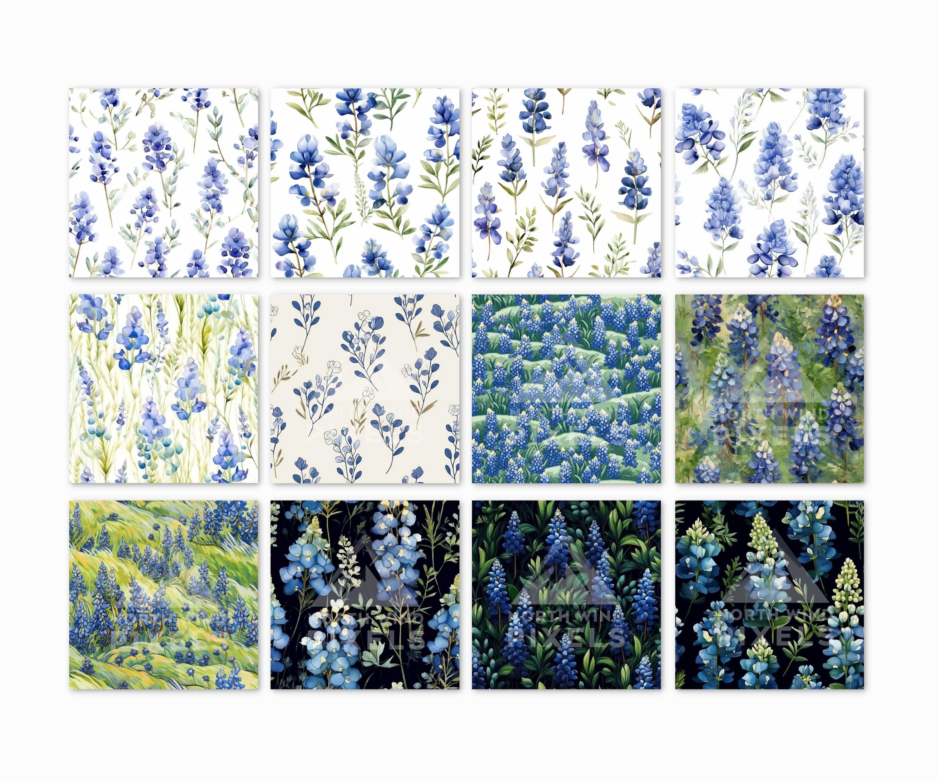12 Texas Bluebonnet Flowers Digital Papers, Seamless Patterns, 12x12 ...