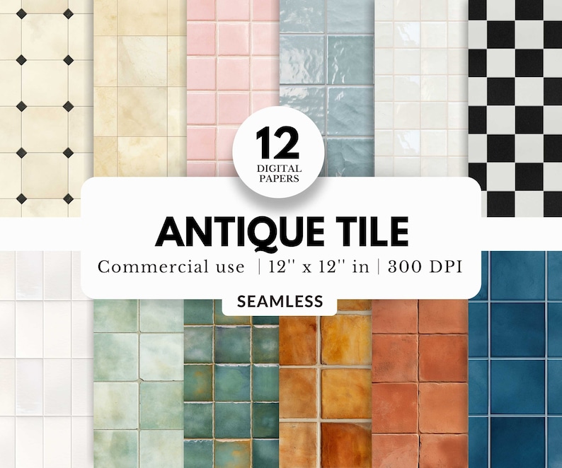 12 Antique Tile Textures Digital Papers, Repeating Pattern, Old Vintage ...