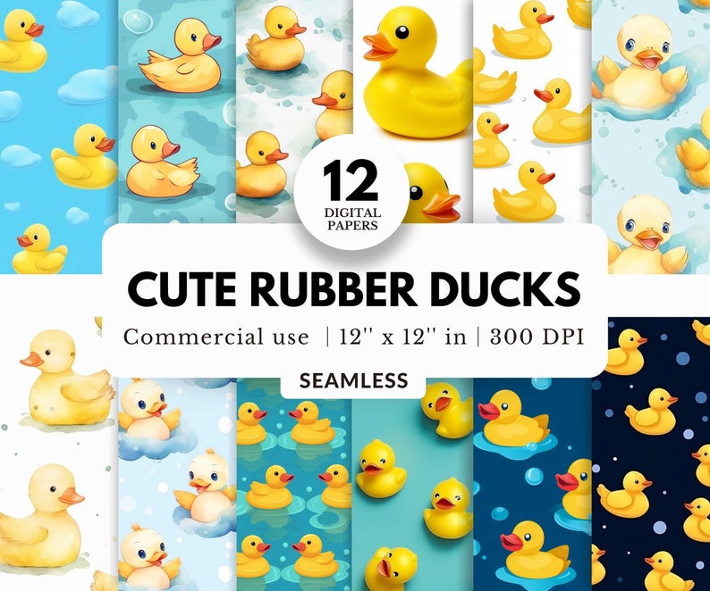 12 Cute Rubber Ducks Digital Papers, Seamless Patterns, 12x12, JPG ...