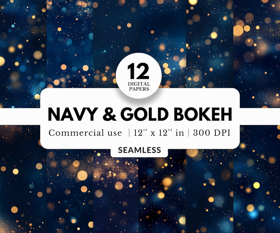 12 Dark Blue Navy and Gold Bokeh Digital Papers, Seamless Patterns ...