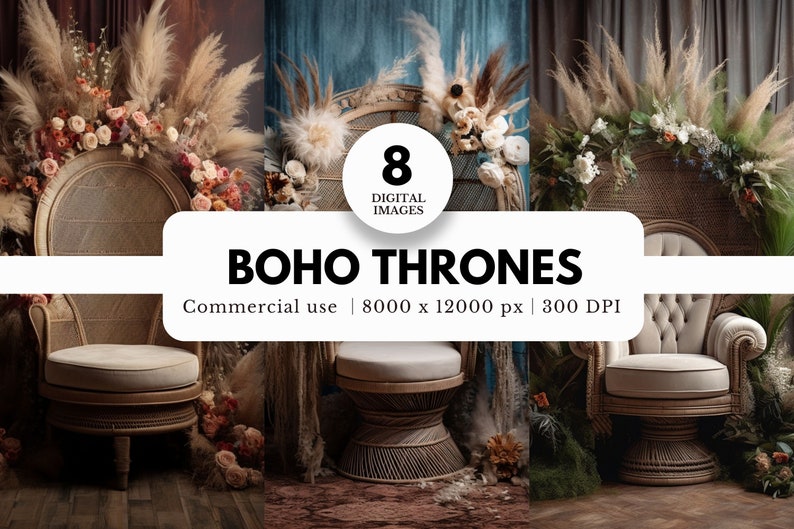 8 Boho Throne Backdrops for Photographers, JPG File, Studio Portrait Overlay Photoshop, Digital ...
