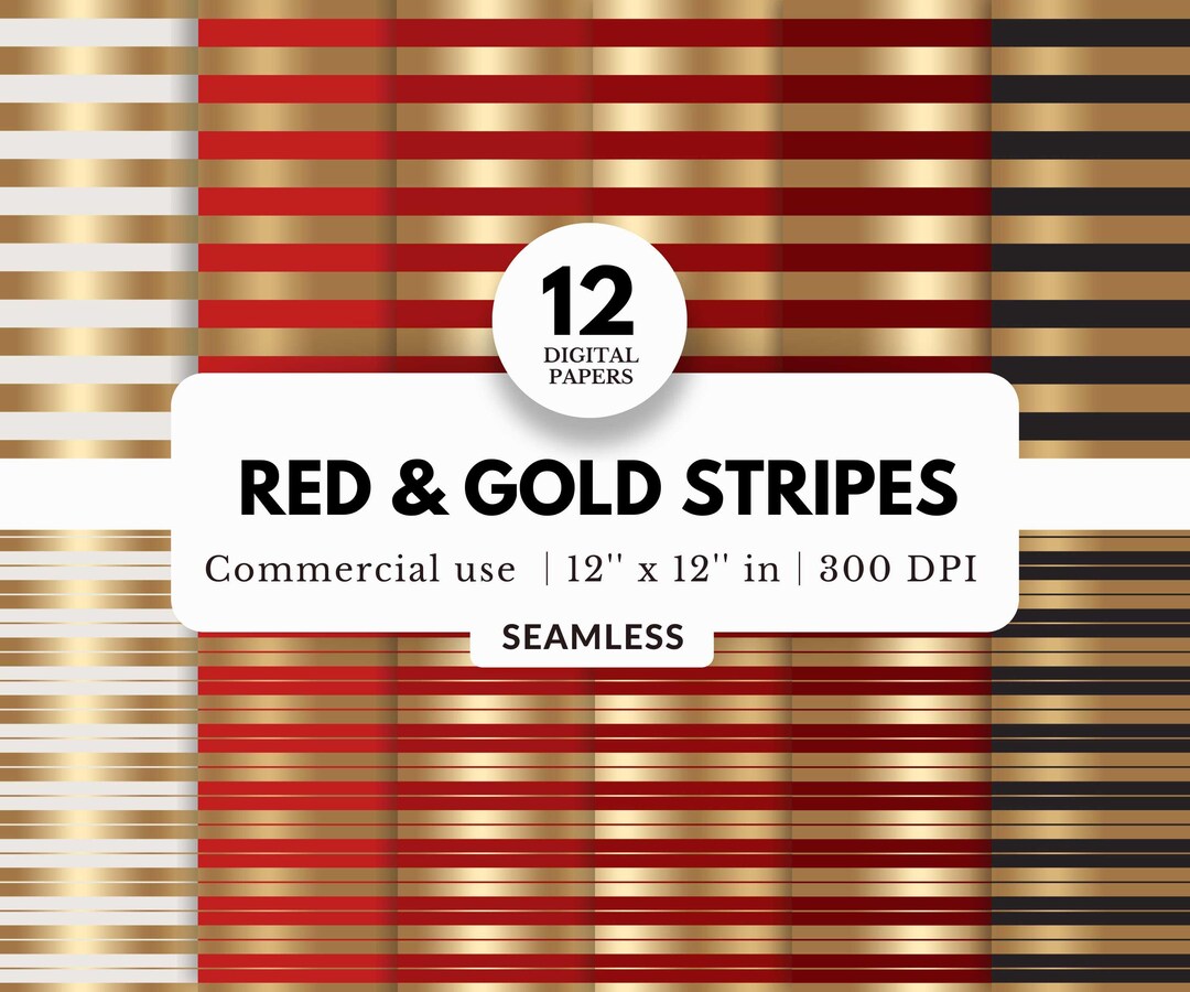 12 Red and Gold Stripes Digital Papers Bundle, Seamless Patterns, 12x12 ...