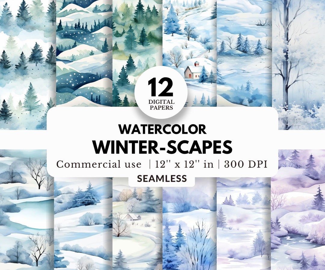 12 Watercolor Winter Landscapes Digital Papers, Seamless Patterns ...
