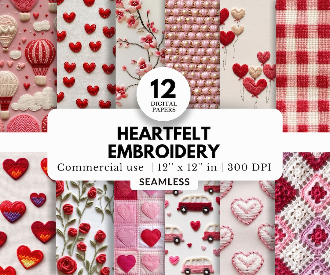 12 Heartfelt Embroidery Digital Papers, Seamless Pattern, 12x12, JPG ...