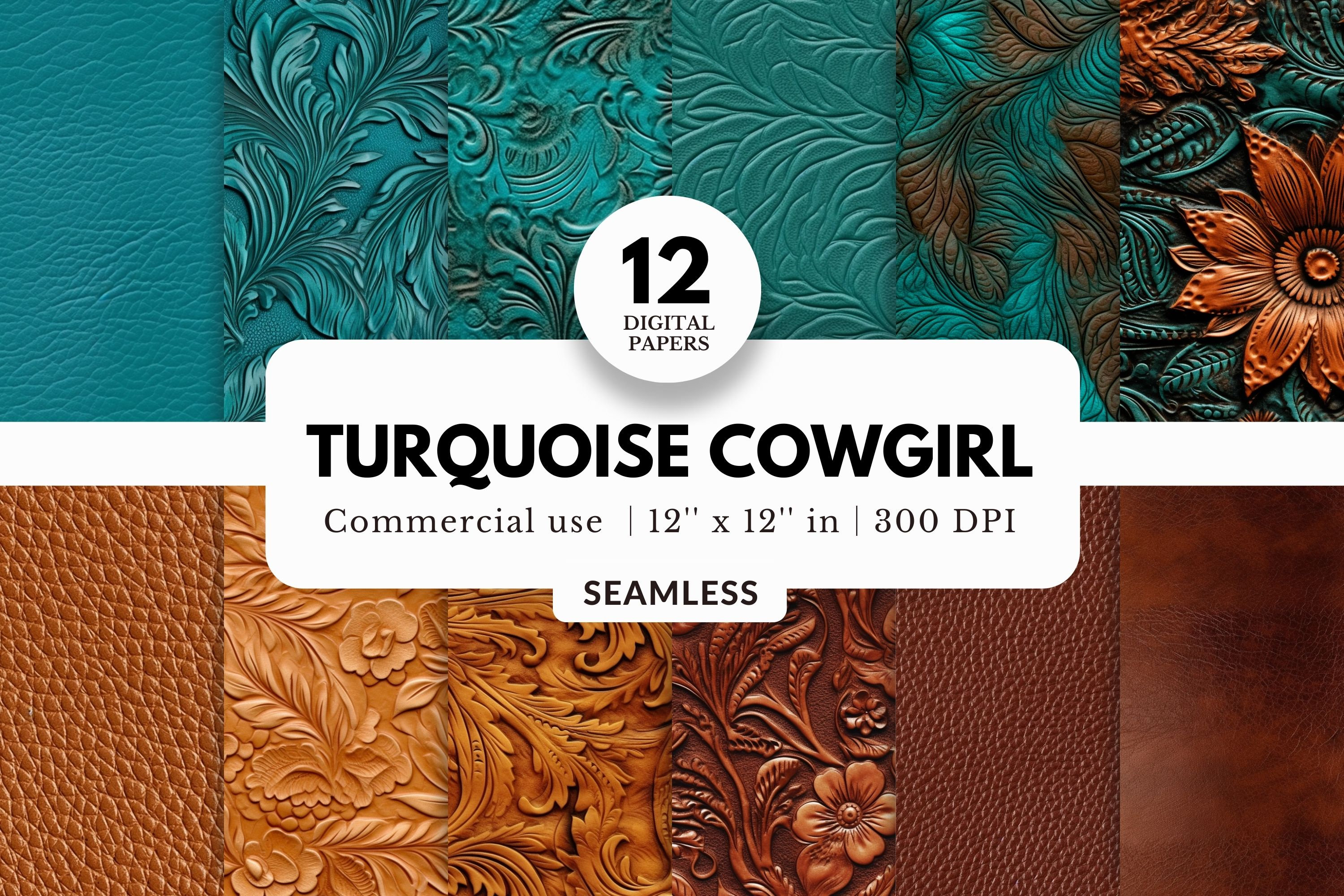 12 Turquoise Cowgirl Texture Digital Papers, Seamless, 12x12, Teal and ...