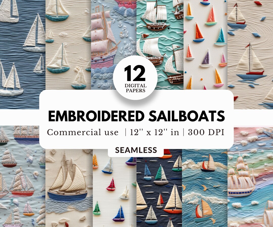 12 Embroidered Sailboats Digital Papers, Seamless Patterns, 12x12, JPG ...