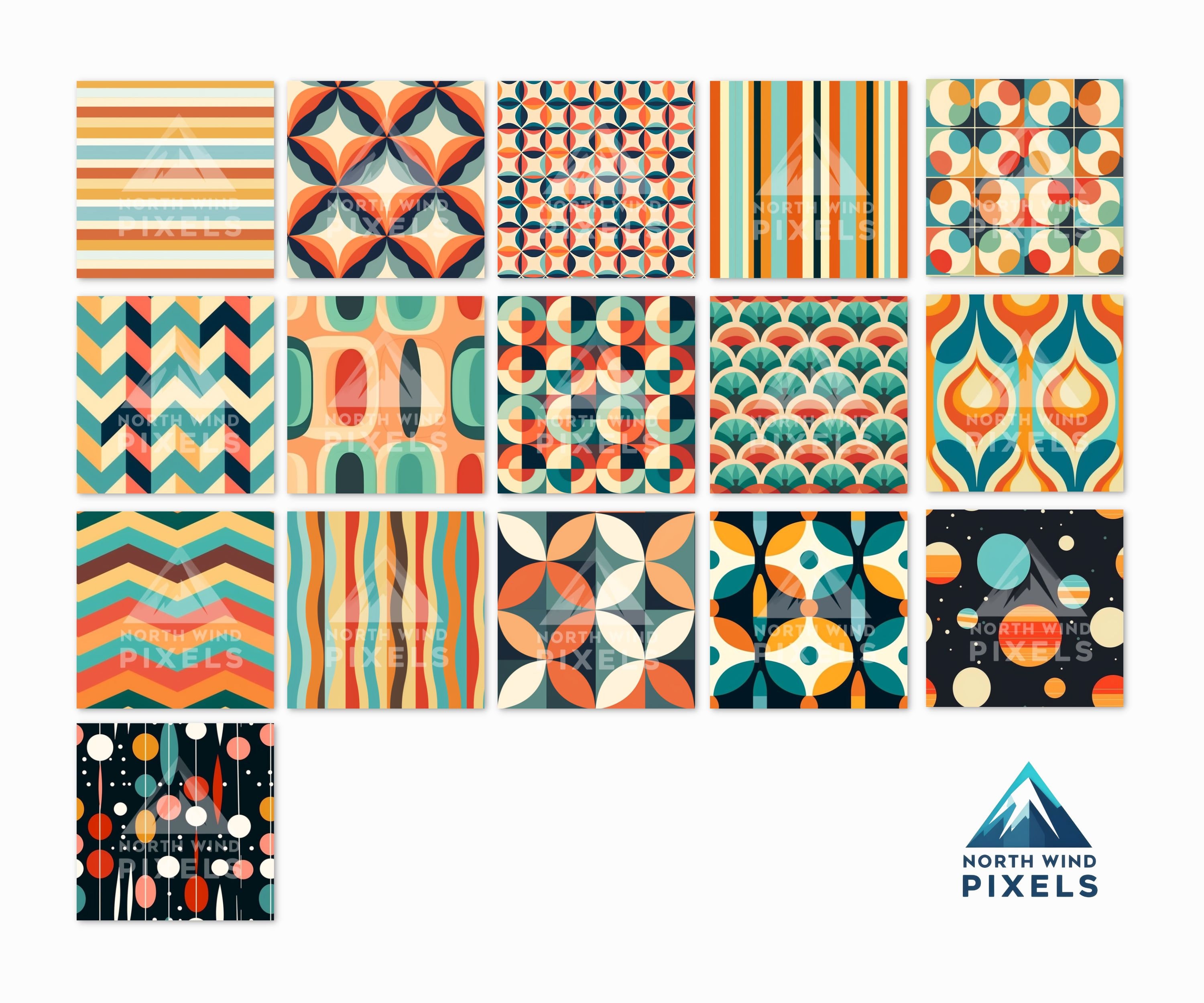 16 Mid Century Modern Pattern Digital Papers, Seamless, 12x12, MCM Wall ...