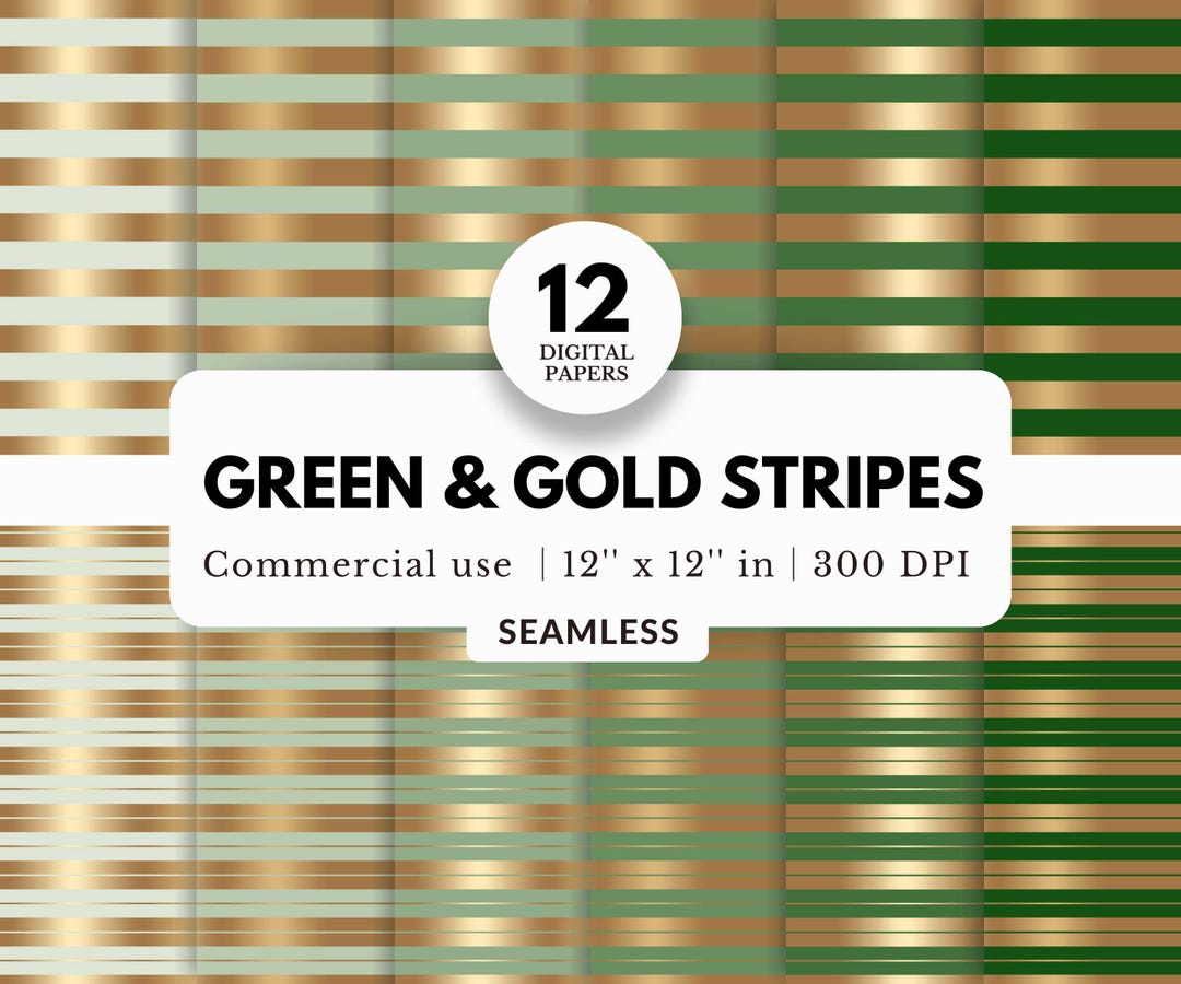 12 Green and Gold Stripes Digital Papers Bundle, Seamless Patterns ...