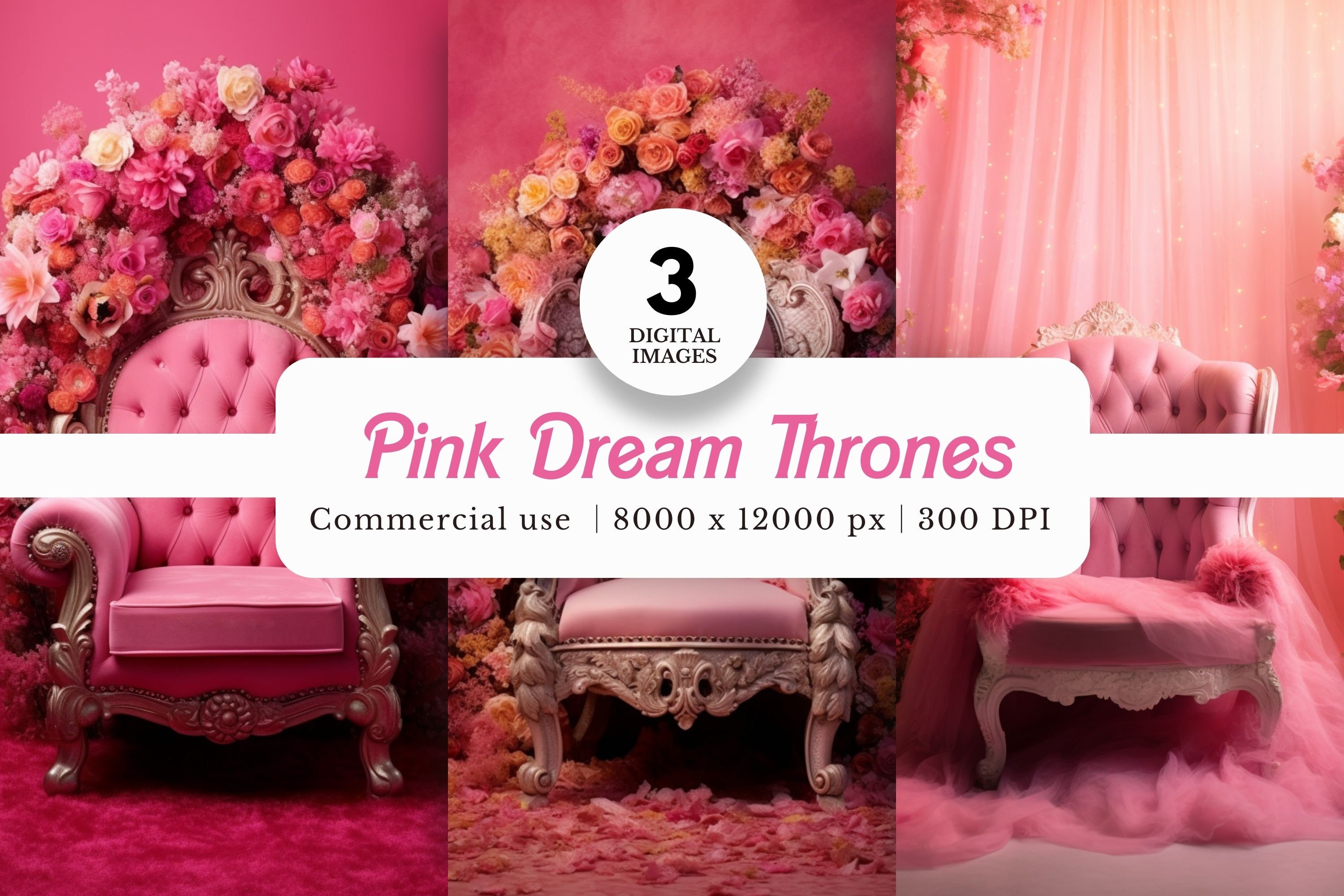 3 Pink Dream Throne Backdrops for Photographers, 300 DPI, Studio ...