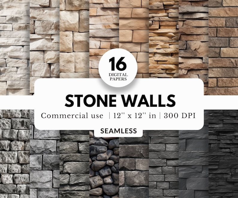 16 papeles digitales de textura de pared de piedra, patrones sin ...
