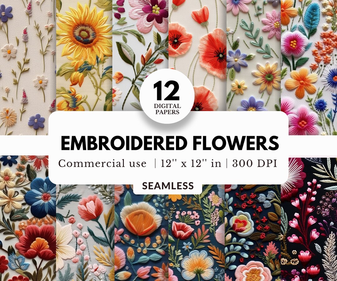 12 Embroidered Flowers Digital Papers, Seamless Floral Patterns, 12x12 ...
