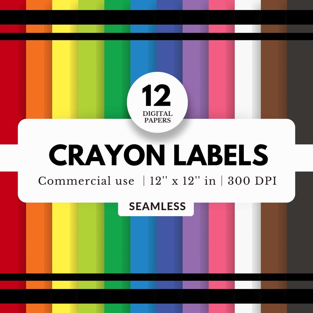 12 Crayon Labels Digital Papers, Seamless, 12x12, JPG Download, Solid ...