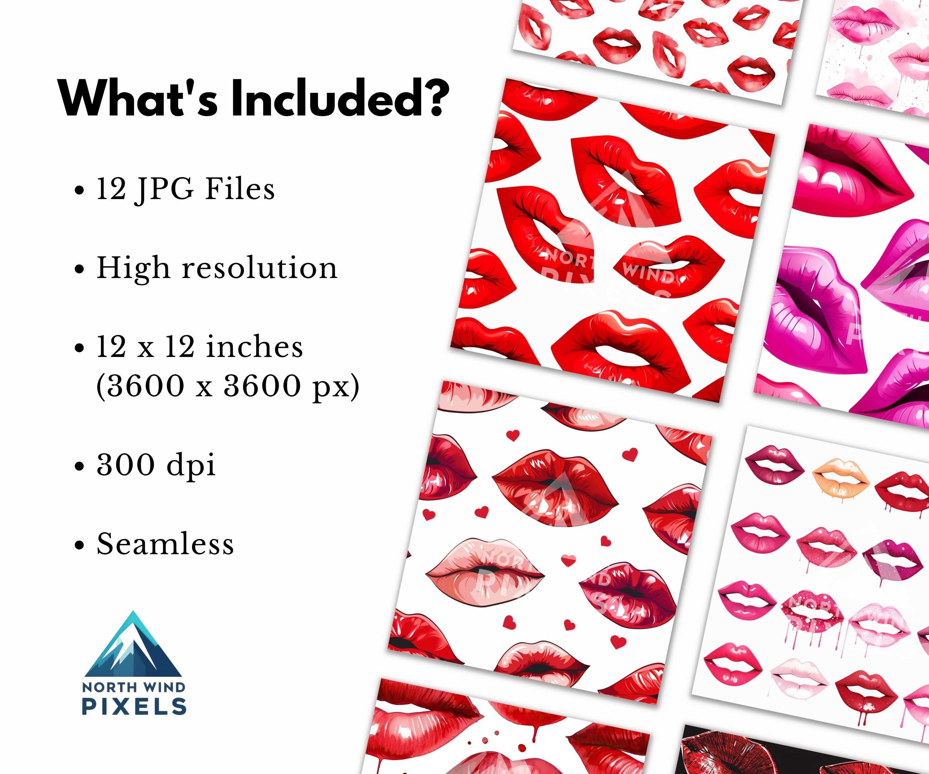 12 Kiss My Lips Digital Papers, Seamless Patterns, 12x12, Tileable ...