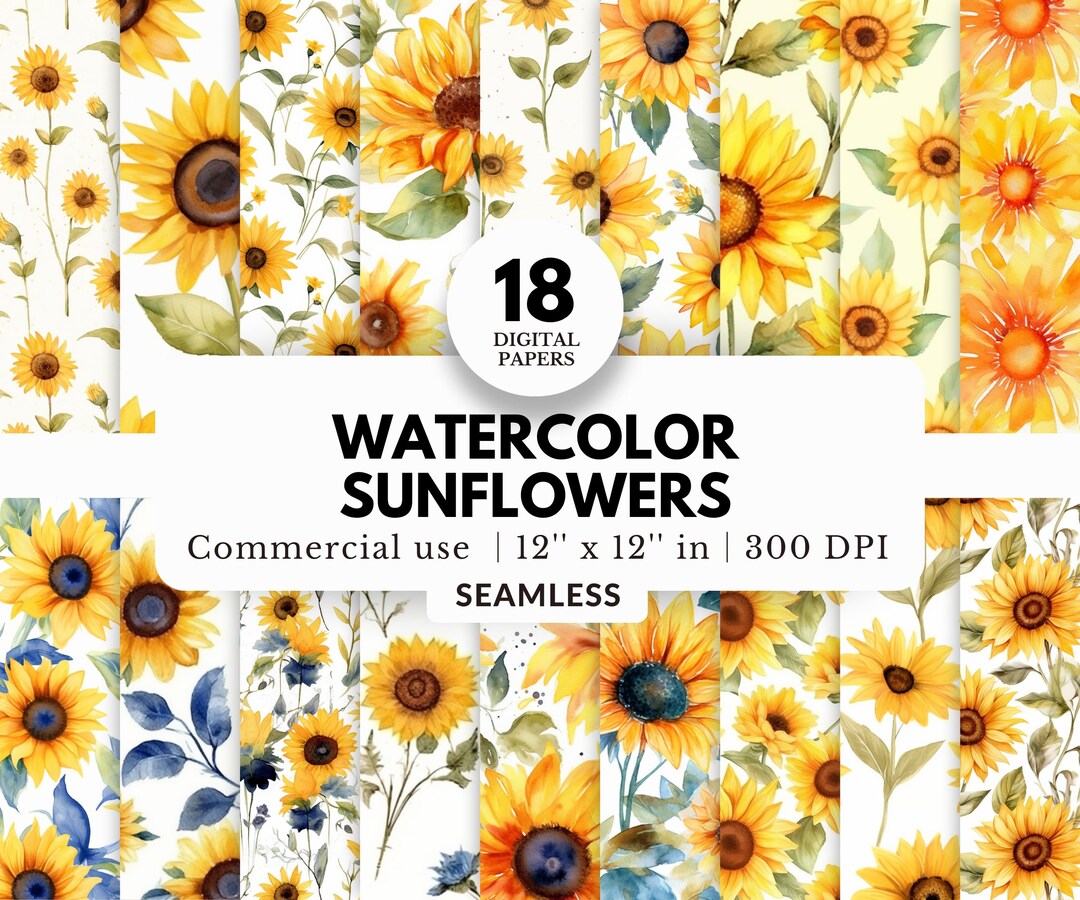 18 Watercolor Sunflowers Digital Papers, Seamless Pattern, 12x12, JPG ...