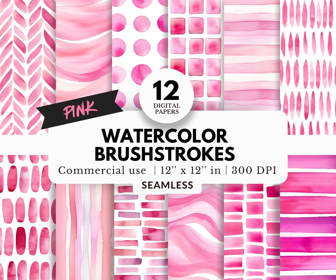 12 Pink Watercolor Brushstrokes Digital Papers, Seamless Patterns ...