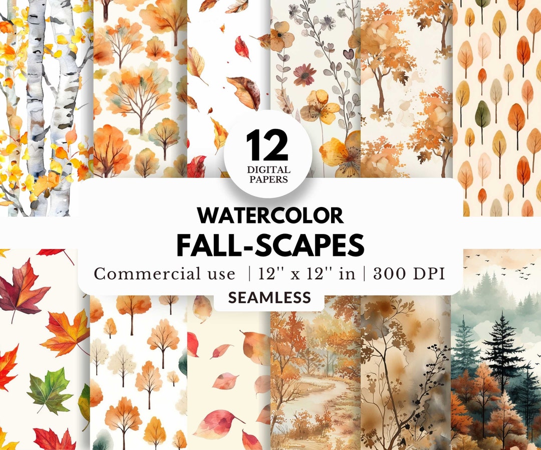 12 Watercolor Fall Landscapes Digital Papers, Seamless Patterns, 12x12 ...