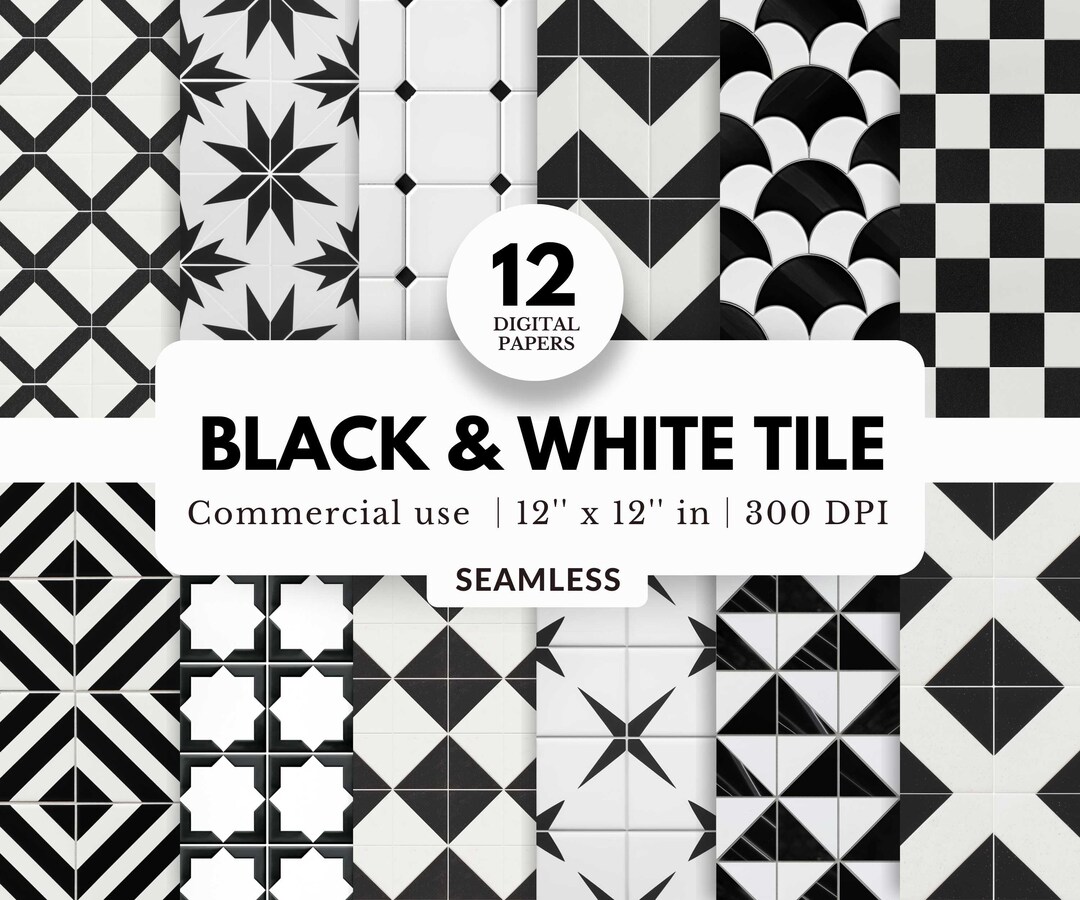 12 Black and White Tile Textures Digital Papers, Seamless, Geometric ...