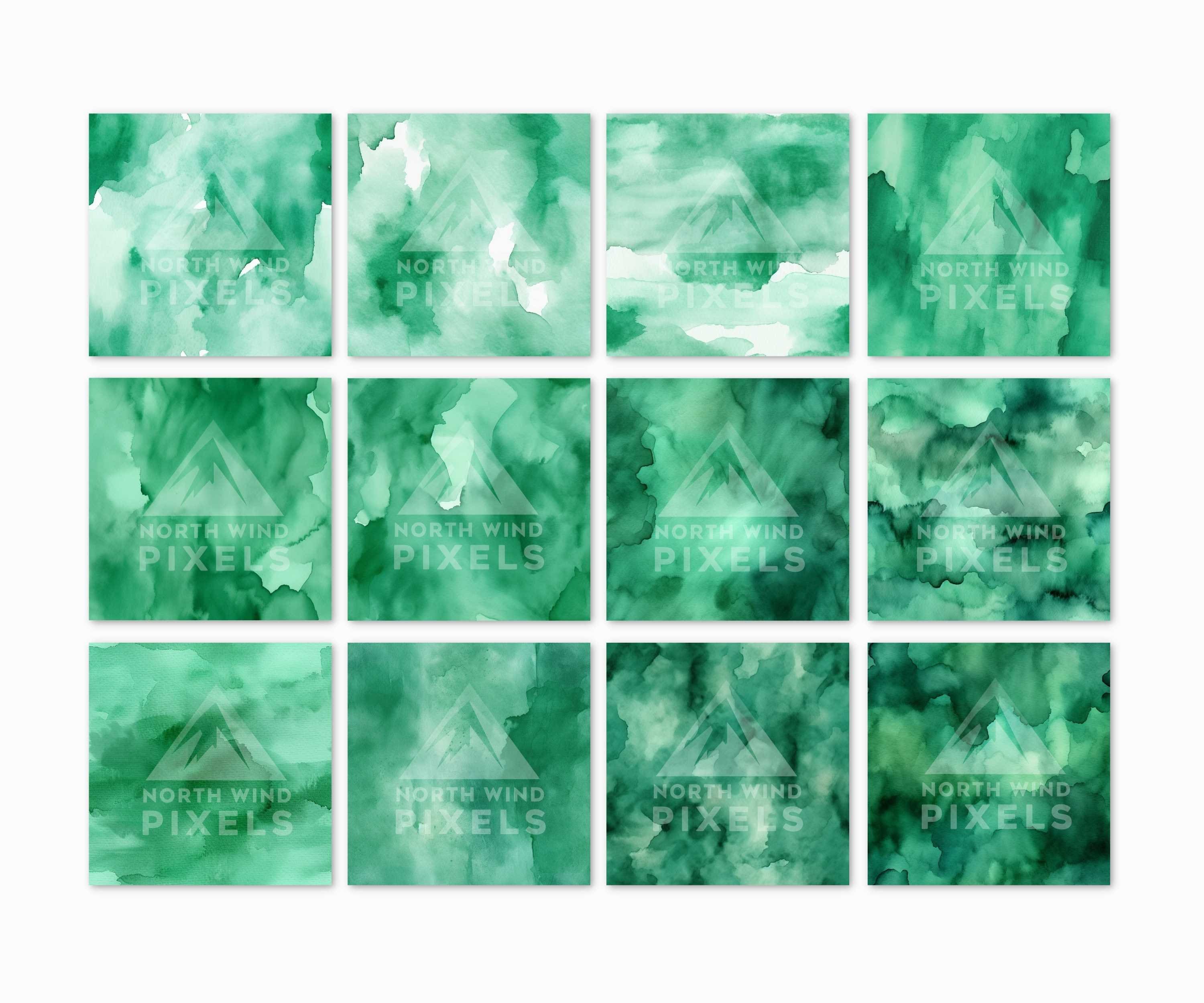 12 Emerald Green Watercolor Digital Paper Bundle, Seamless Patterns ...