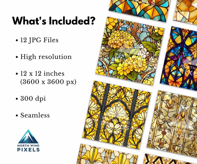 12 Yellow Stained Glass Digital Papers, Repeating Pattern, JPG Downlaod ...