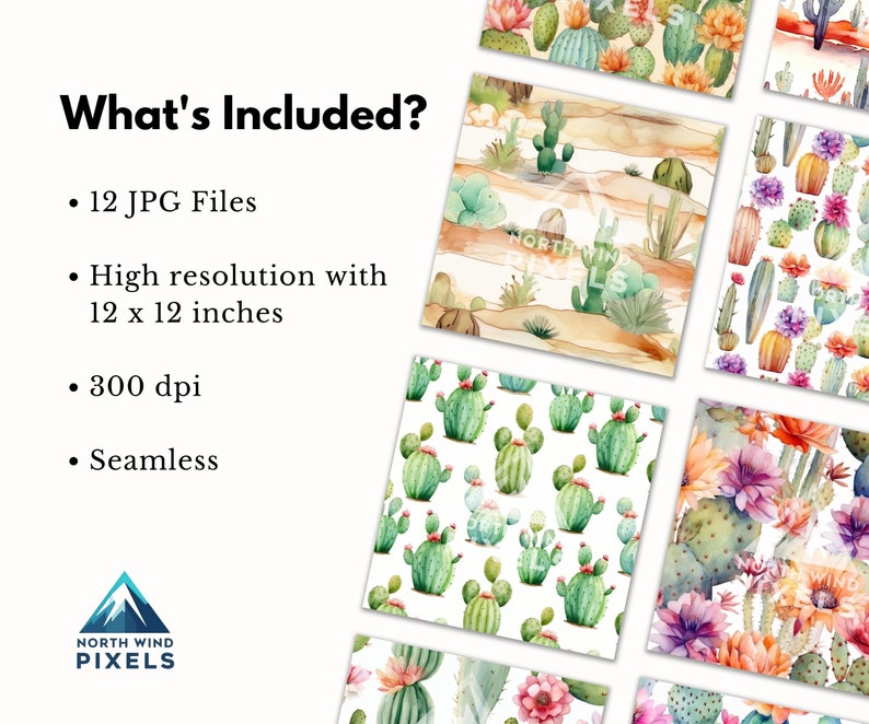 12 Watercolor Cactus Digital Papers, Seamless Patterns, 12x12, JPG ...