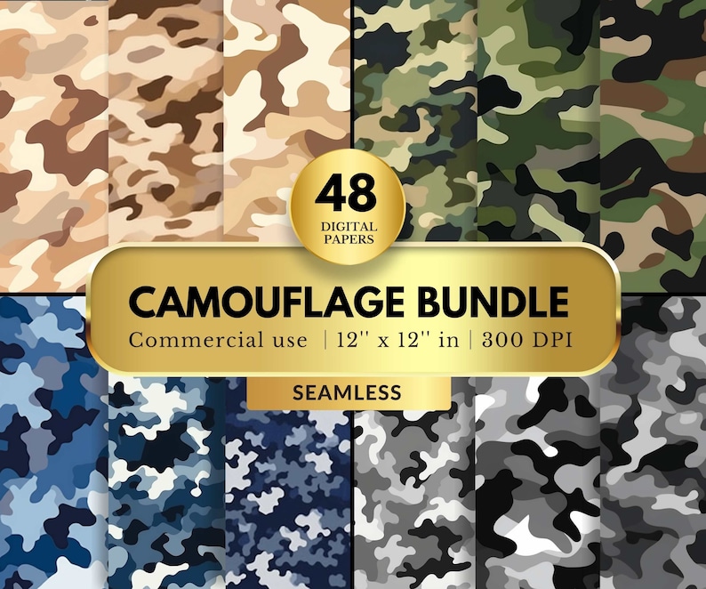 48 Camouflage Bundle Digital Papers, Seamless Patterns, 12x12, JPG ...
