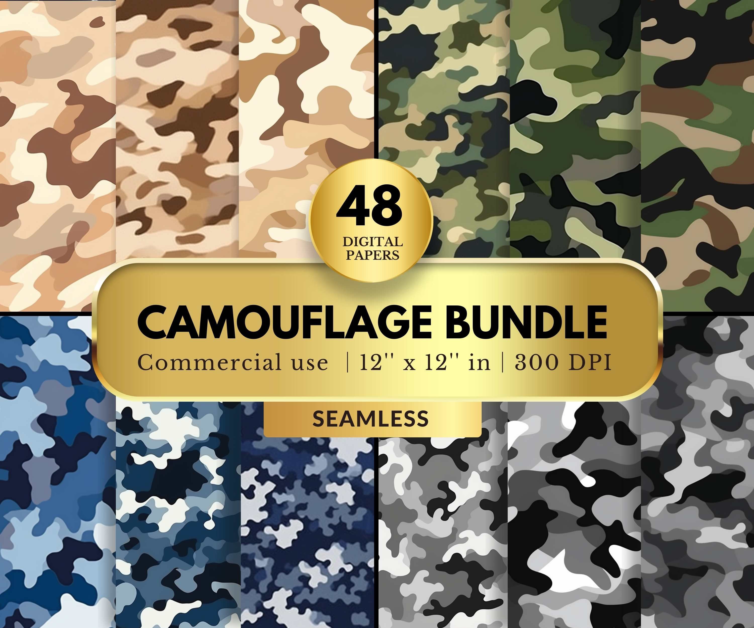 48 Camouflage Bundle Digital Papers, Seamless Patterns, 12x12, JPG ...