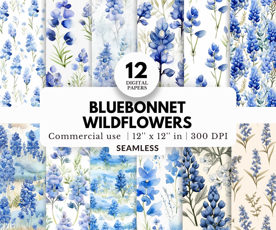 12 Bluebonnet Wildflowers Digital Papers, Seamless Pattern, 12x12, JPG ...