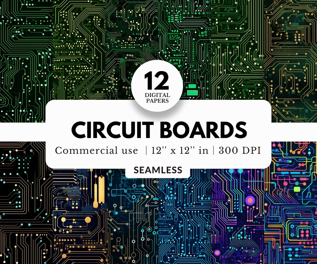 12 Circuit Board Digital Paper Bundle, Seamless Pattern, 12x12, Neon ...