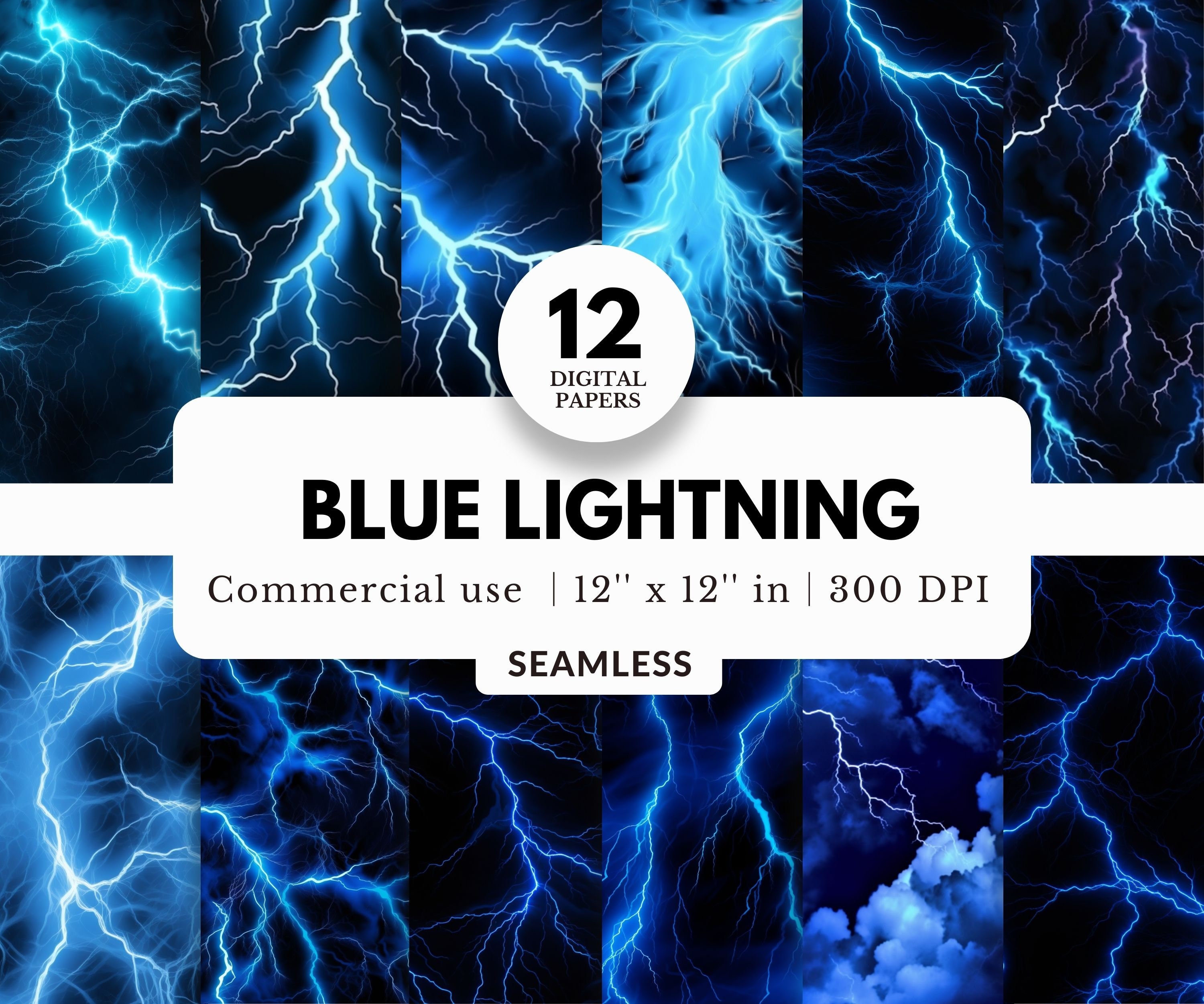 12 Blue Lightning Digital Papers, Seamless Patterns, 12x12, JPG ...