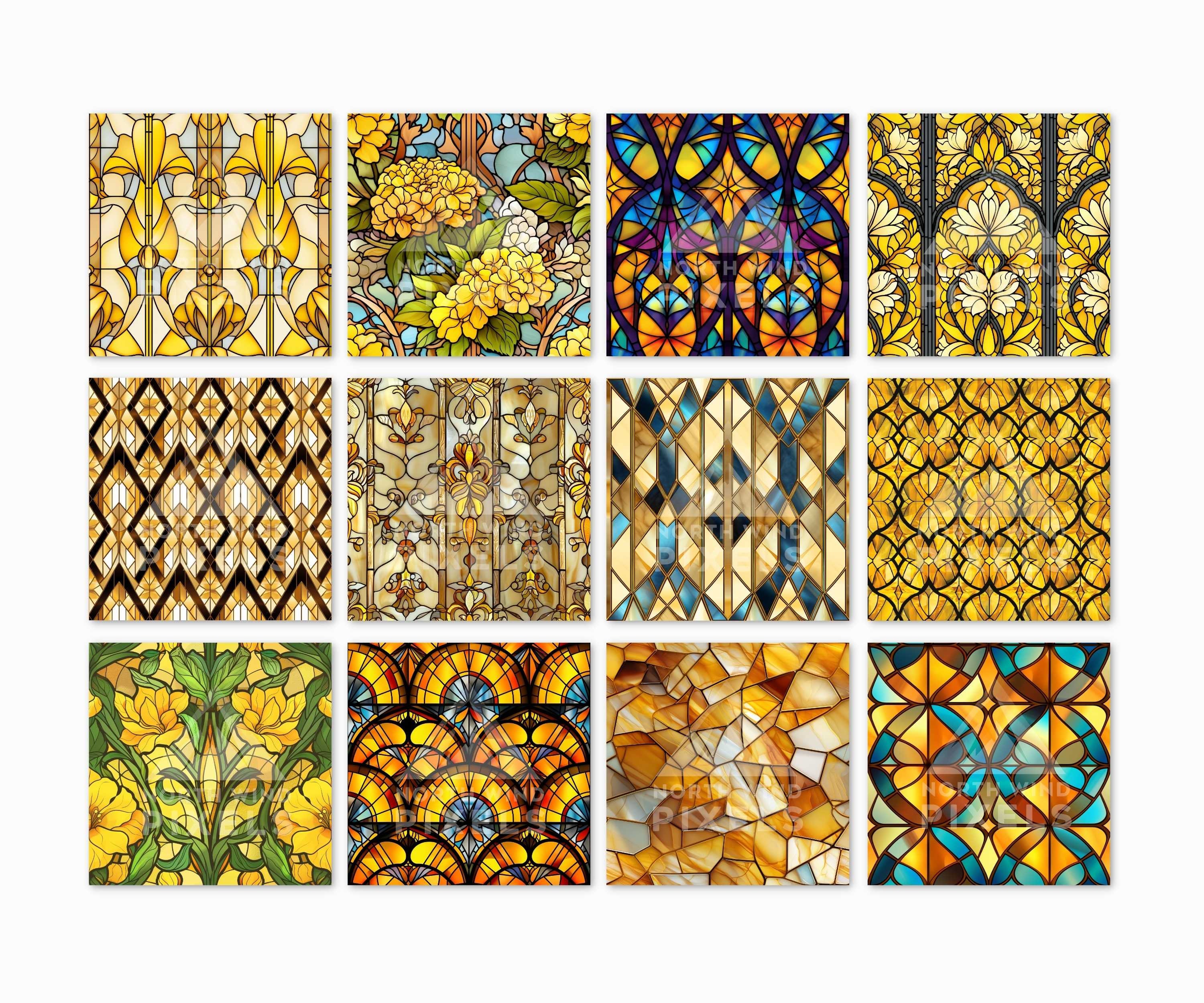 12 Yellow Stained Glass Digital Papers, Repeating Pattern, JPG Downlaod ...