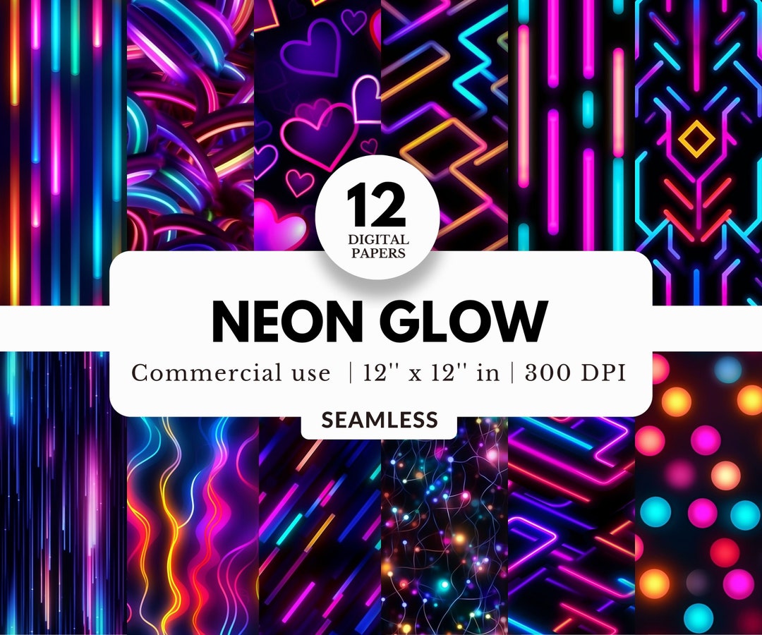 12 Neon Glow Digital Papers, Seamless Pattern, 12x12, JPG Files, Bright ...