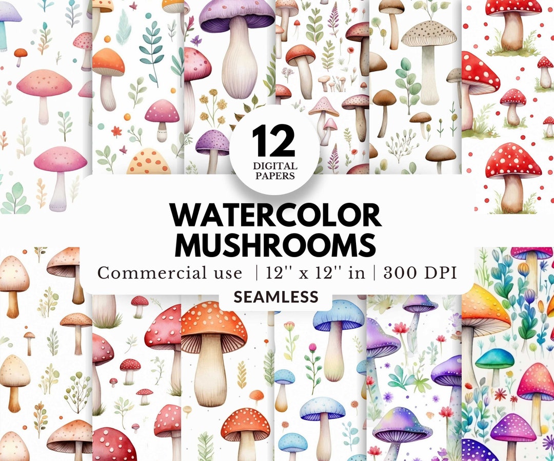 12 Watercolor Mushrooms Digital Paper, Seamless Patterns, 12x12, JPG ...