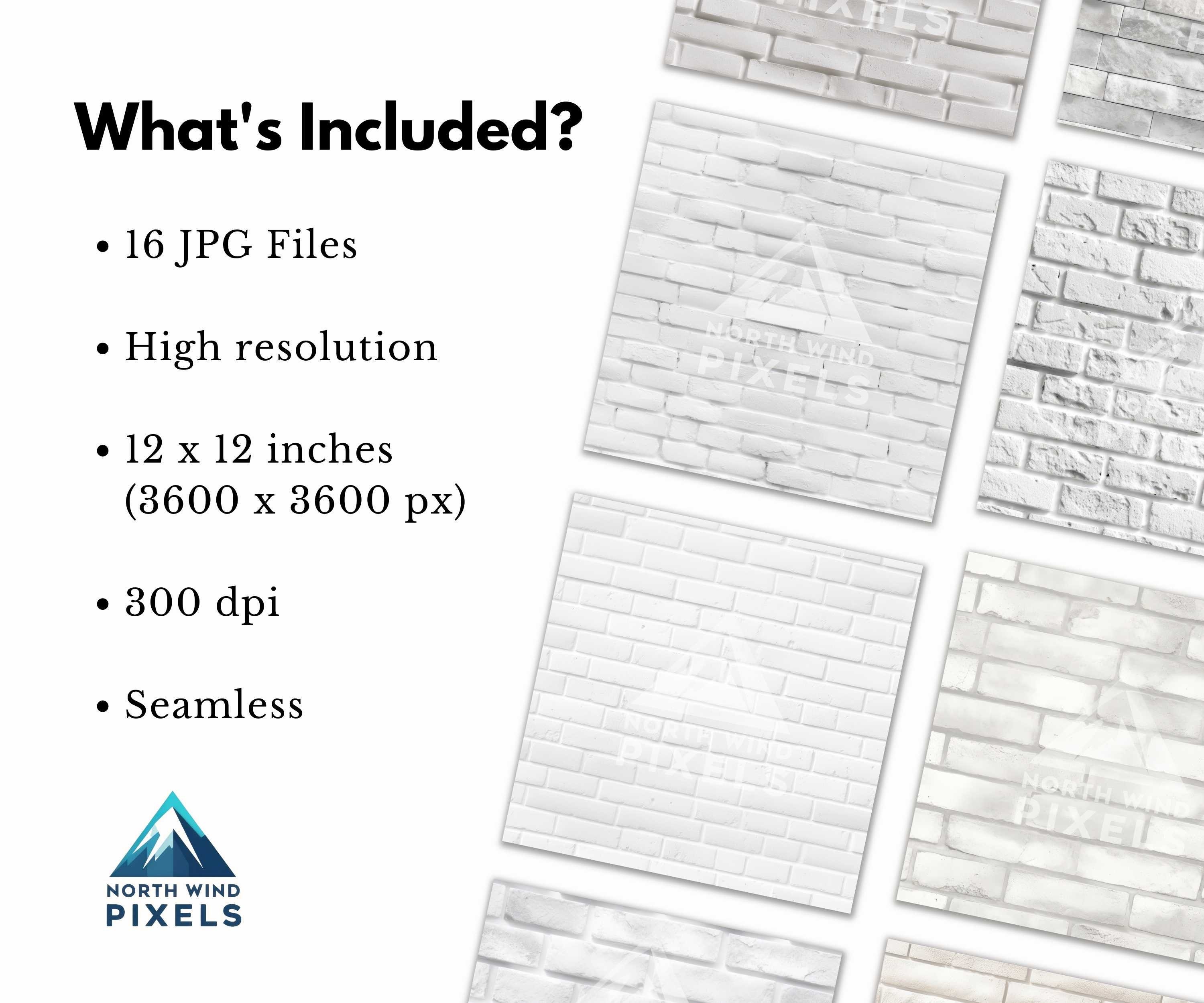 16 White Brick Digital Papers, Seamless Patterns, 12x12, JPG Download ...