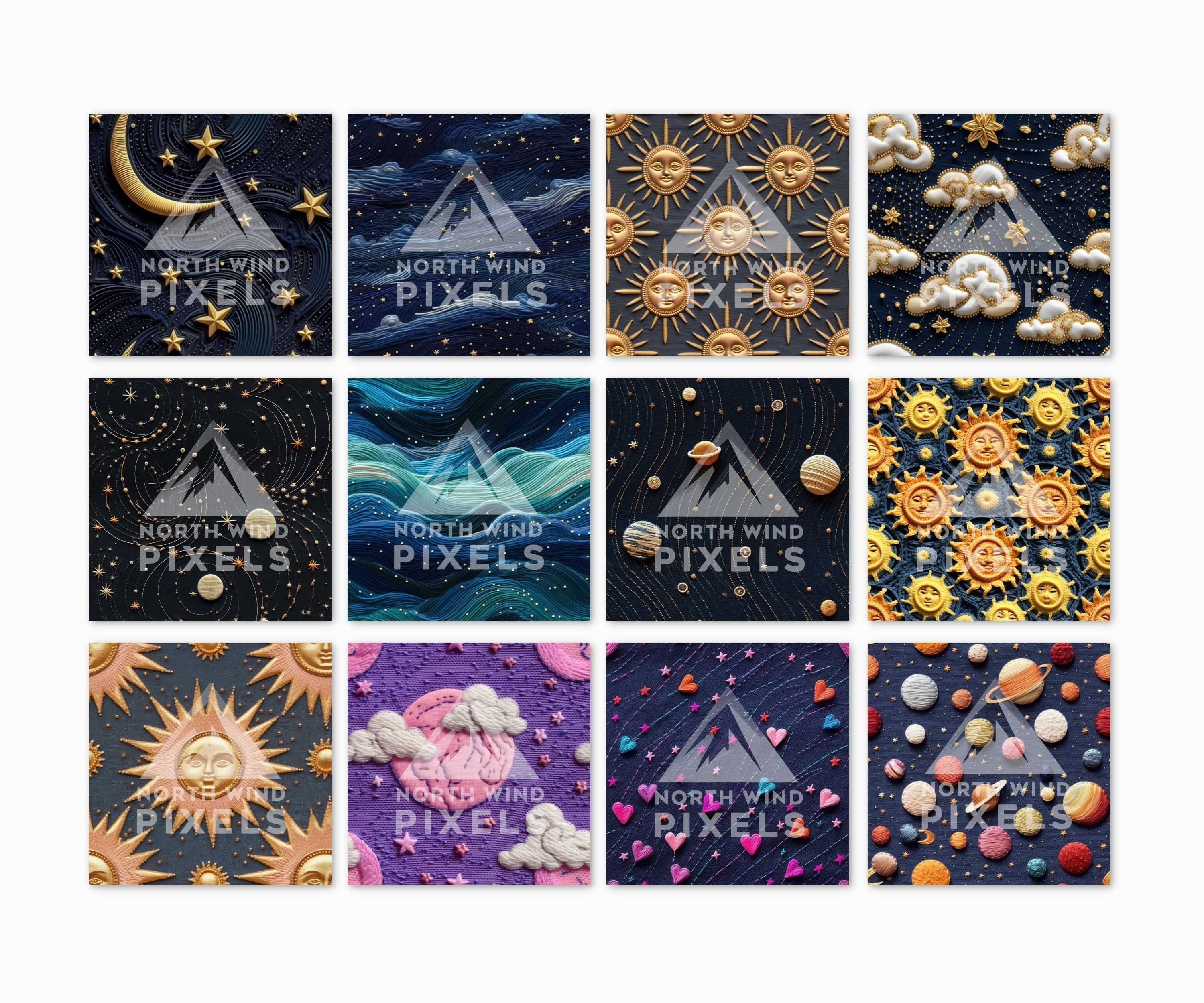 12 Celestial Embroidery Digital Papers, Seamless Patterns, 12x12, JPG ...