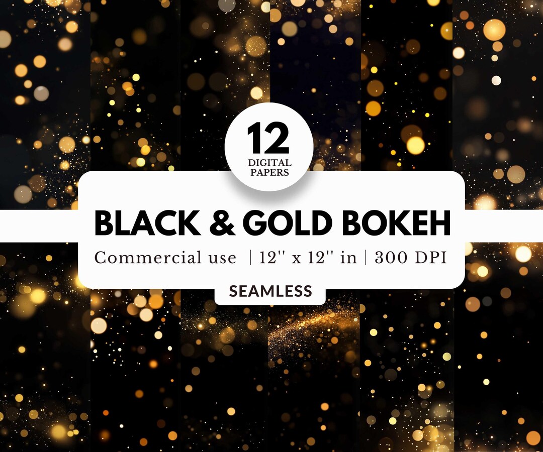 12 Black and Gold Bokeh Digital Papers, Seamless Patterns, 12x12 ...