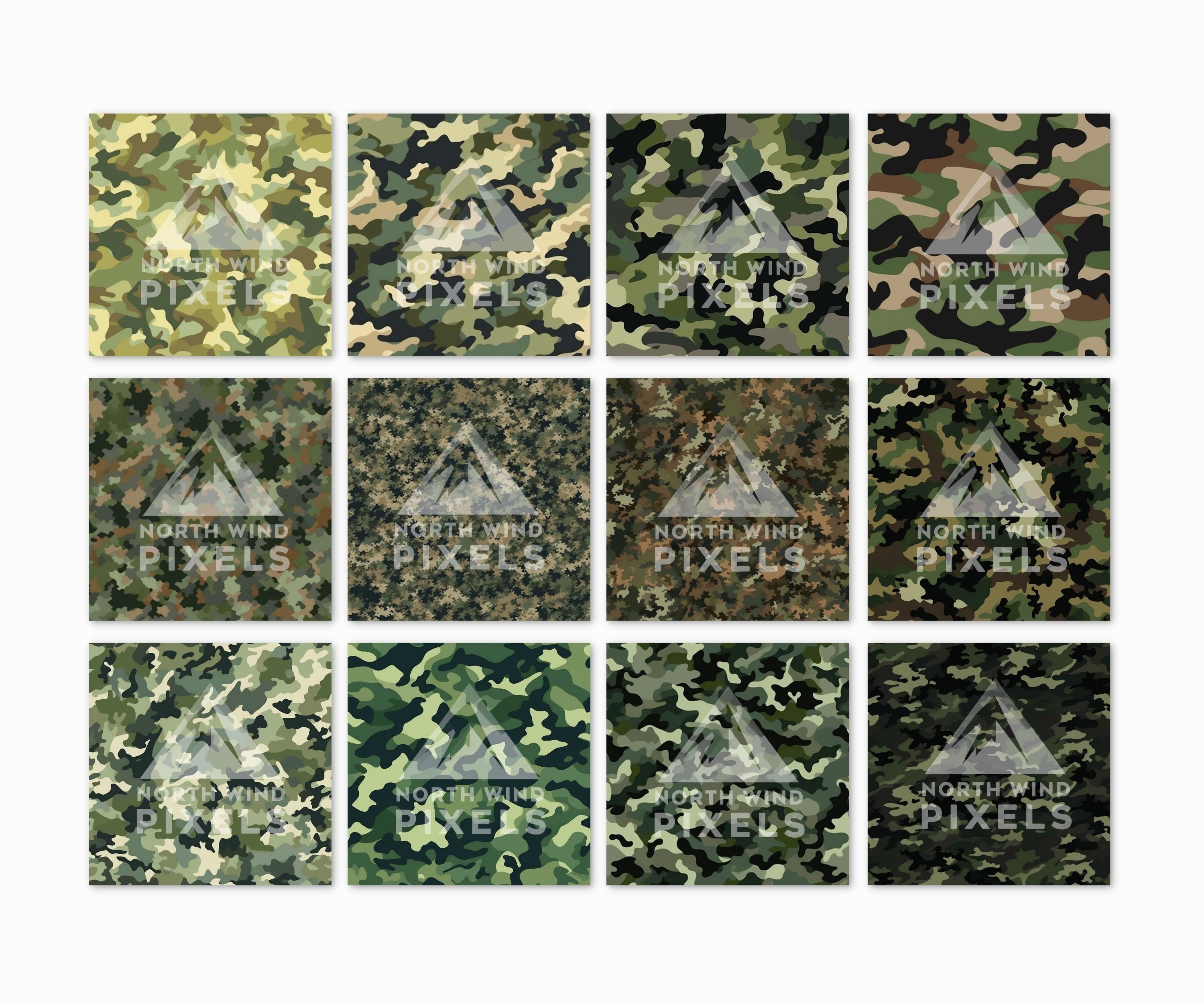 12 Green Camouflage Digital Papers, Seamless Patterns, 12x12, JPG Files ...