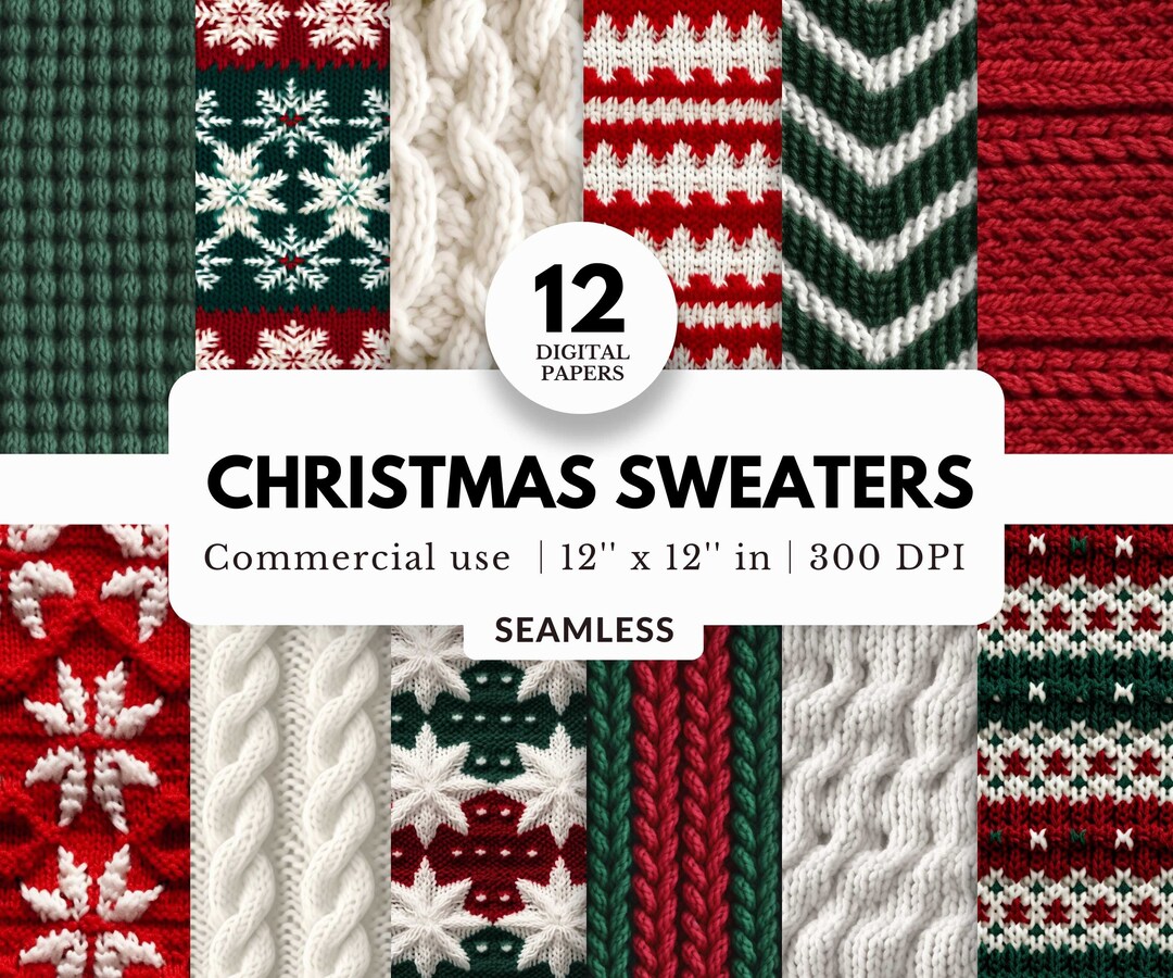 12 Christmas Sweaters Digital Papers, Seamless Knitted Textures, 12x12 ...