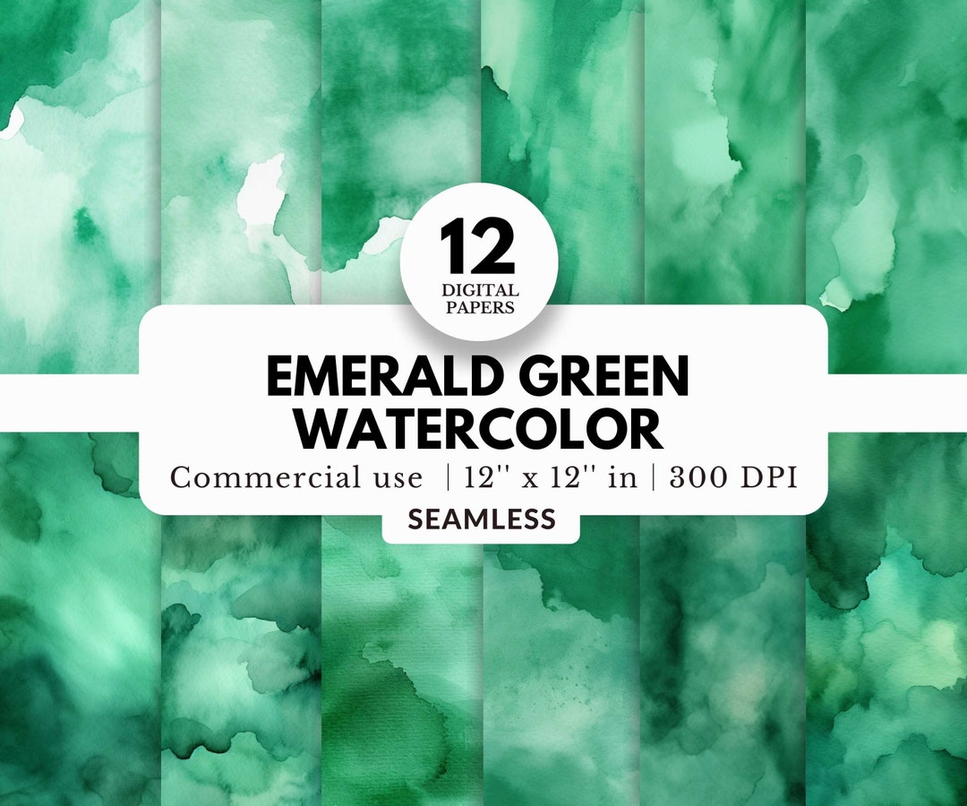 12 Emerald Green Watercolor Digital Paper Bundle, Seamless Patterns ...