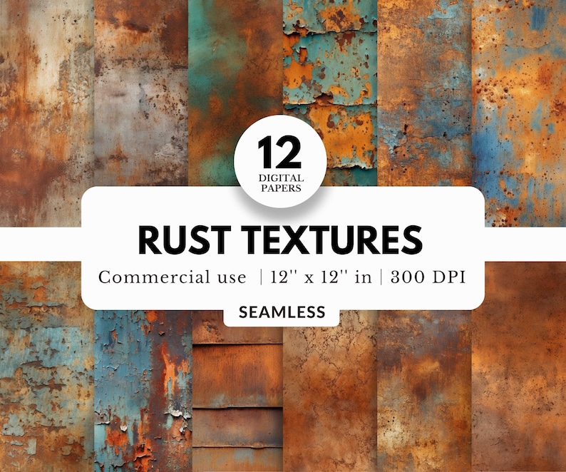 12 Metal Rust Texture Digital Papers, 12x12, JPG Download, Industrial Grunge, Copper Patina ...