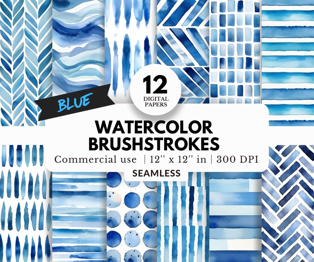 12 Blue Watercolor Brushstrokes Digital Papers, Seamless Patterns ...