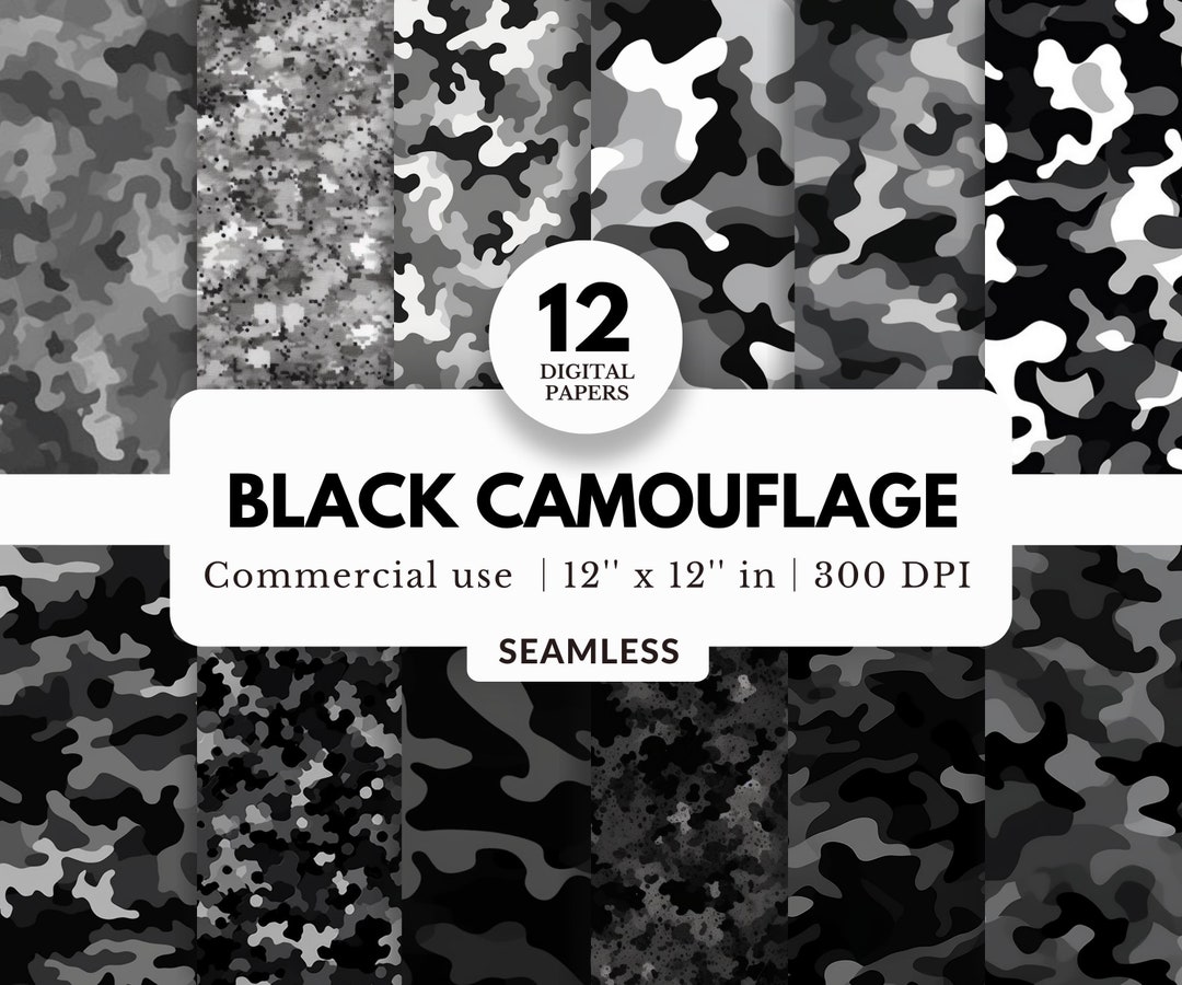 12 Black Camouflage Digital Papers, Seamless Patterns, 12x12, JPG, Army ...