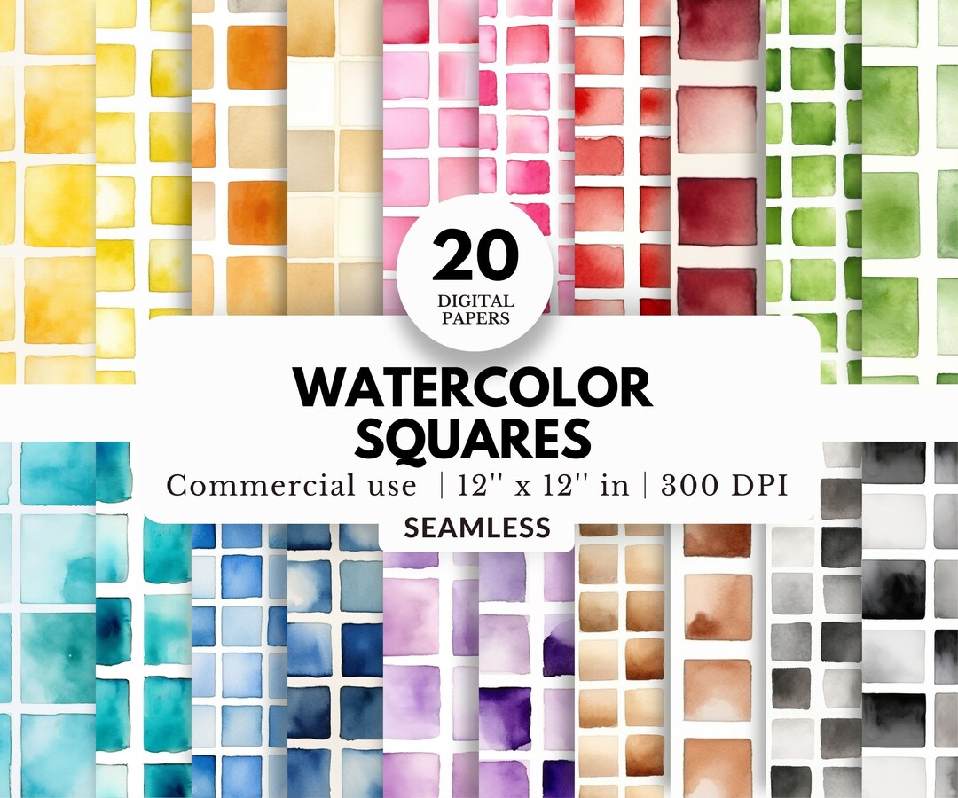 20 Watercolor Squares Digital Papers, Seamless Patterns, 12x12, JPG ...