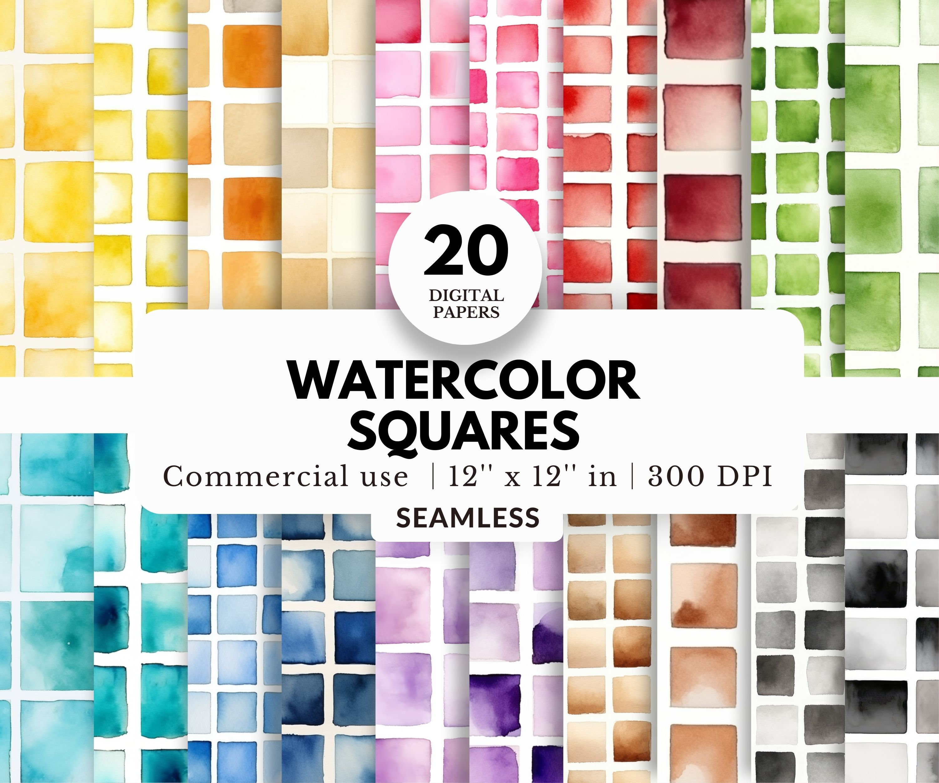 20 Watercolor Squares Digital Papers, Seamless Patterns, 12x12, JPG ...
