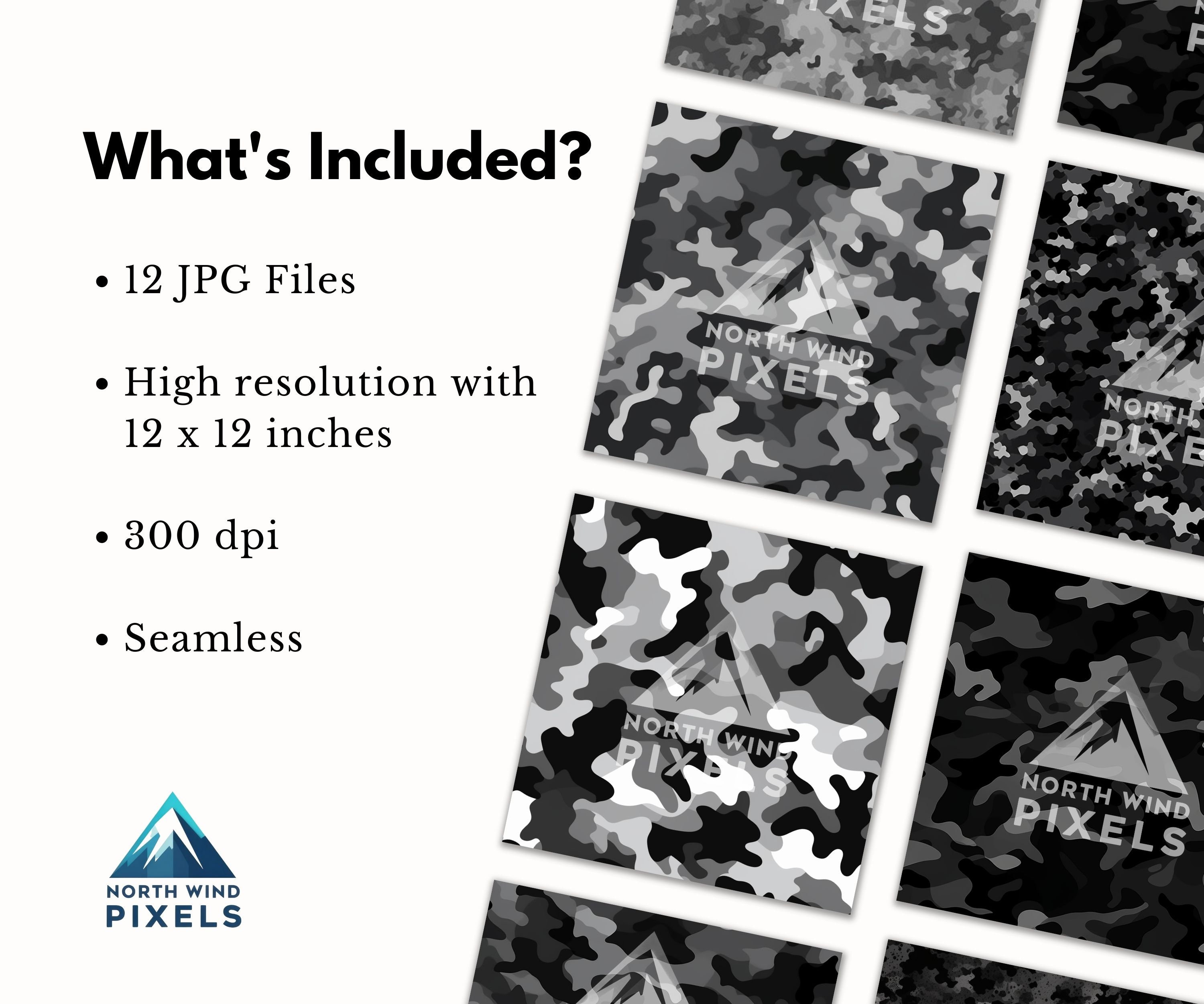 12 Black Camouflage Digital Papers, Seamless Patterns, 12x12, JPG, Army ...