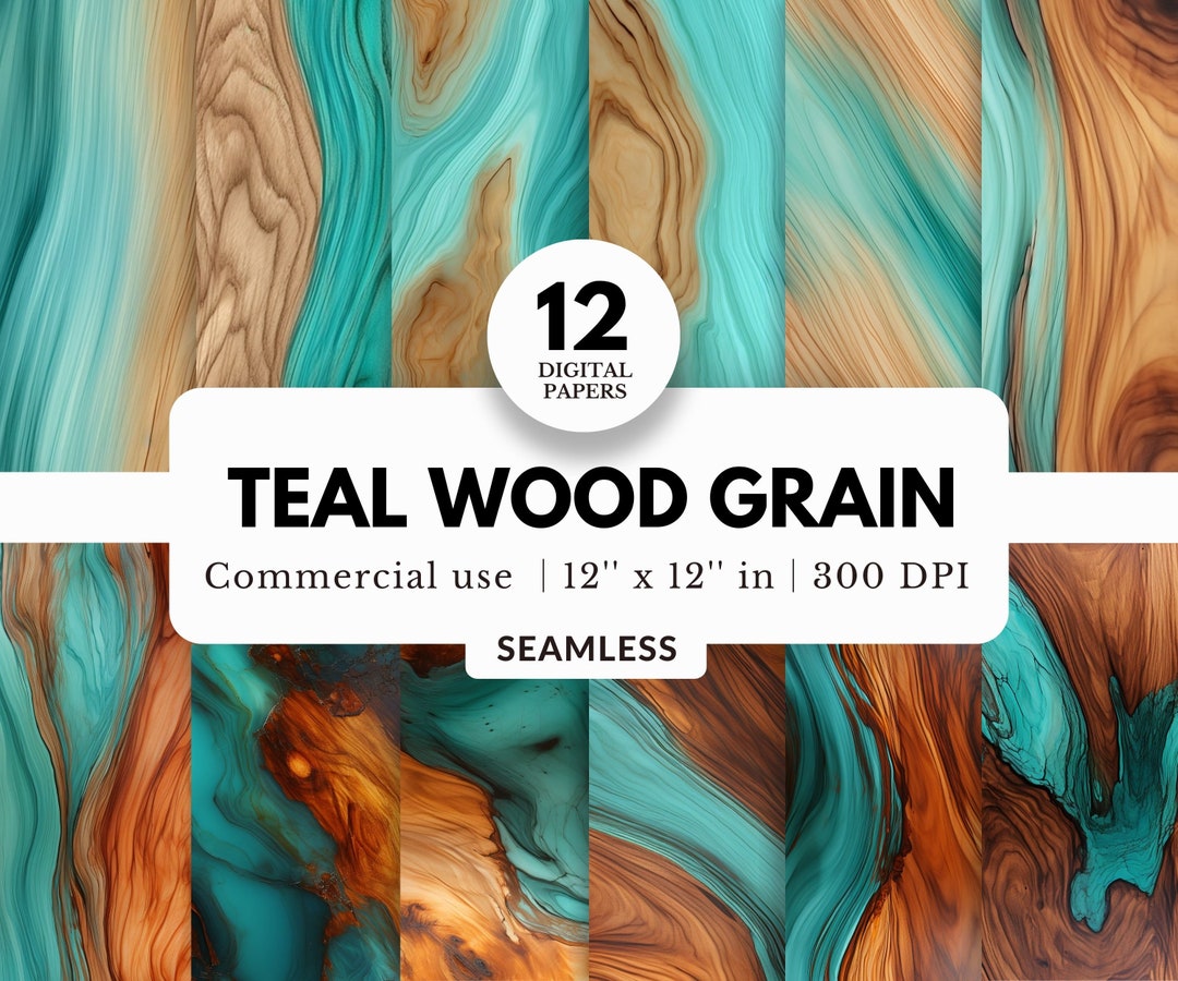 12 Teal Wood Grain Digital Papers, Seamless Patterns, 12x12, JPG ...