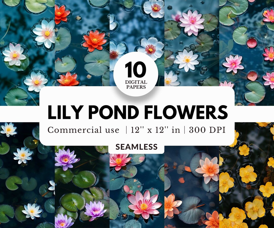 10 Lily Pond Flowers Digital Papers, Tileable Pattern, 12x12, JPG ...