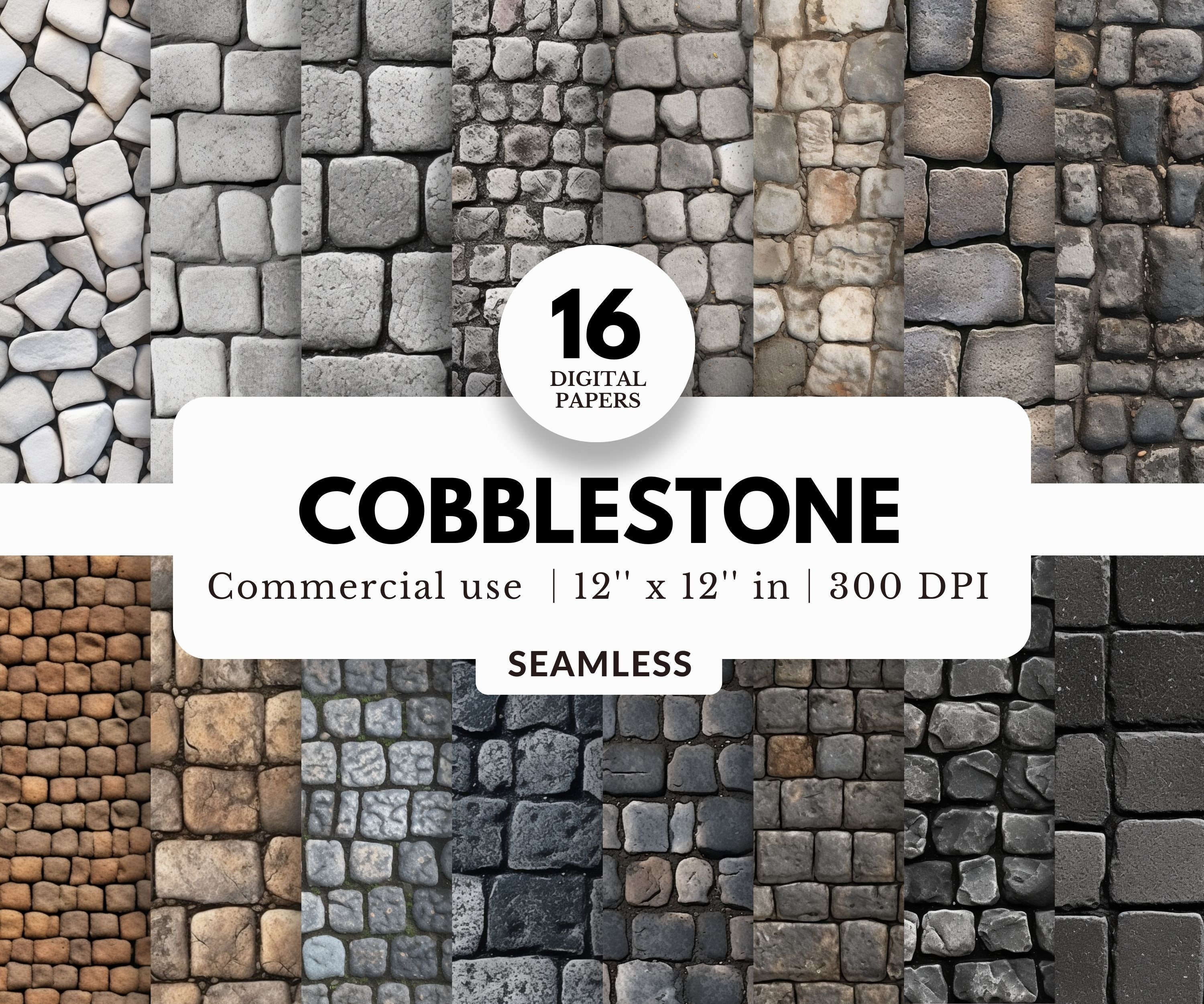 16 Cobblestone Texture Digital Papers, Seamless Patterns, 12x12, JPG ...